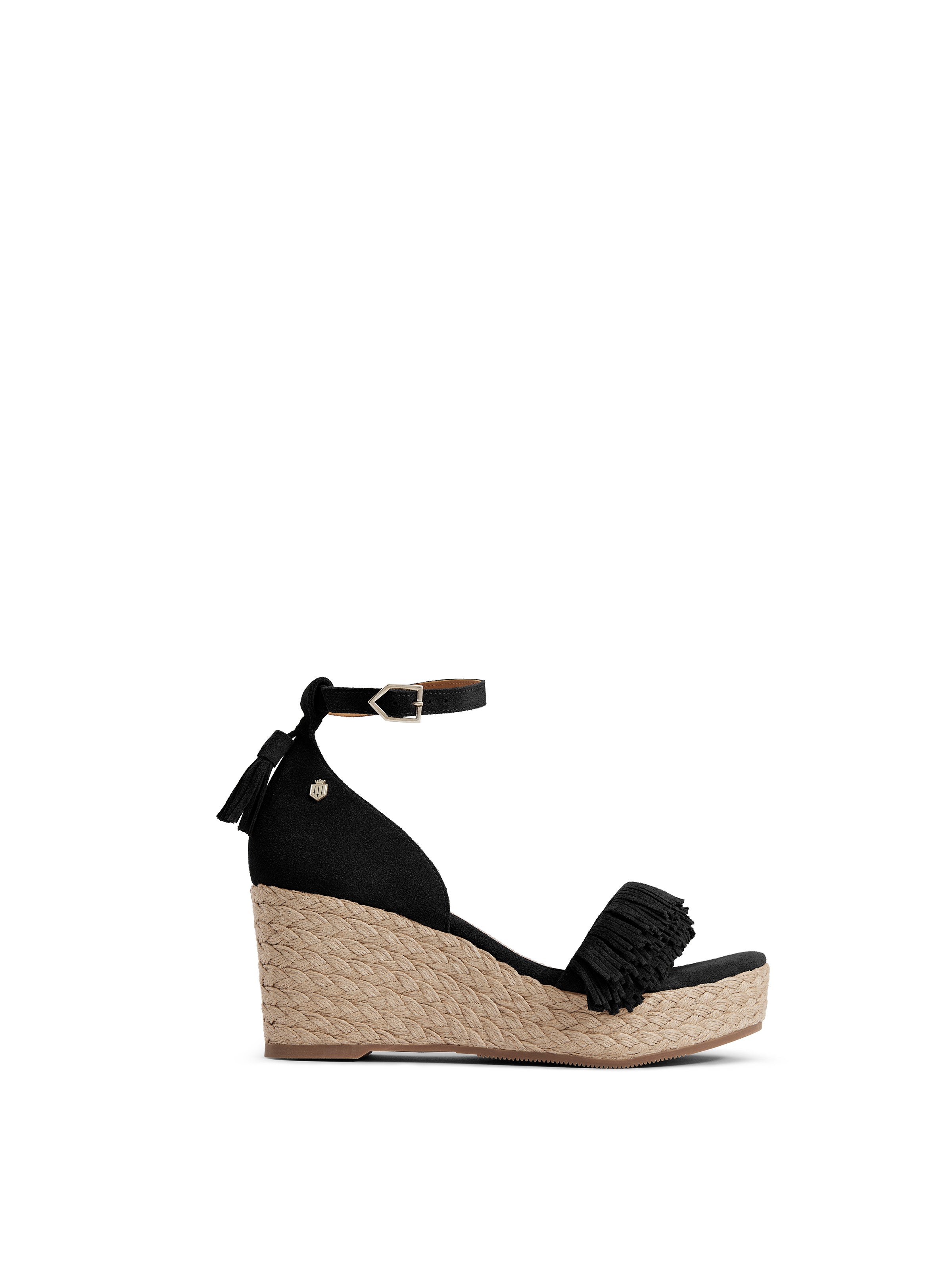 Capri - Women's Fringe Wedges - Black Suede | Fairfax & Favor