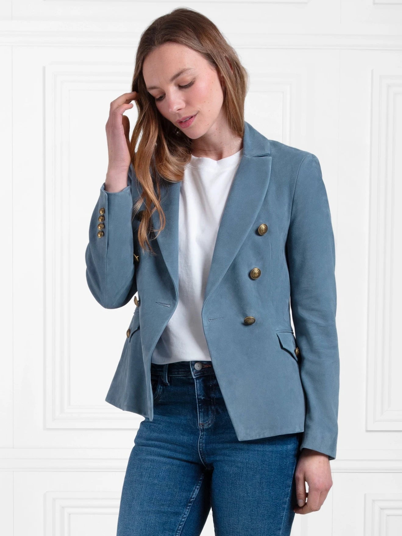 Daphne - Women's Suede Blazer - Denim Blue | Fairfax & Favor