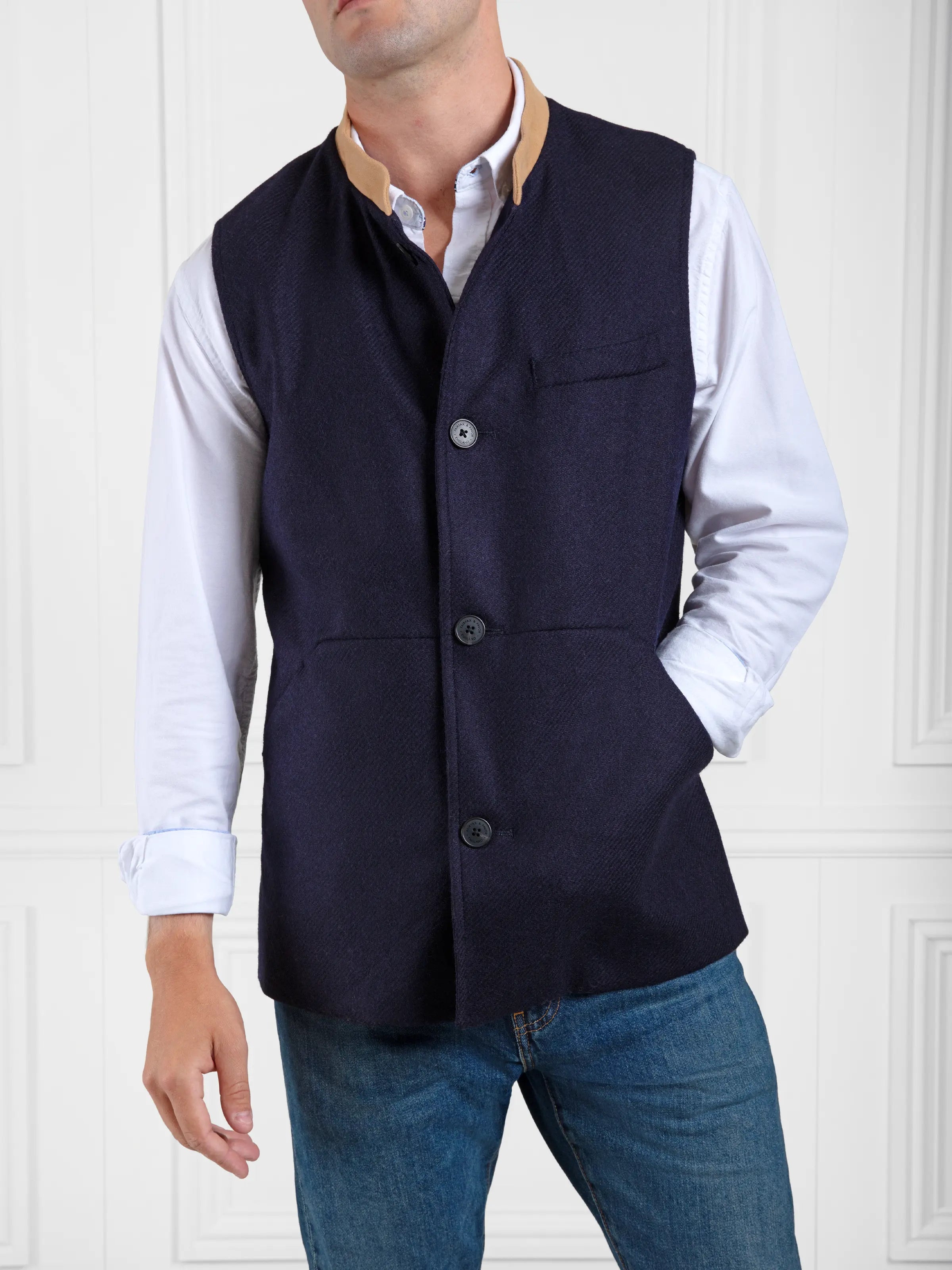 Edward - Men's Gilet in Navy Herringbone & Tan | Fairfax & Favor