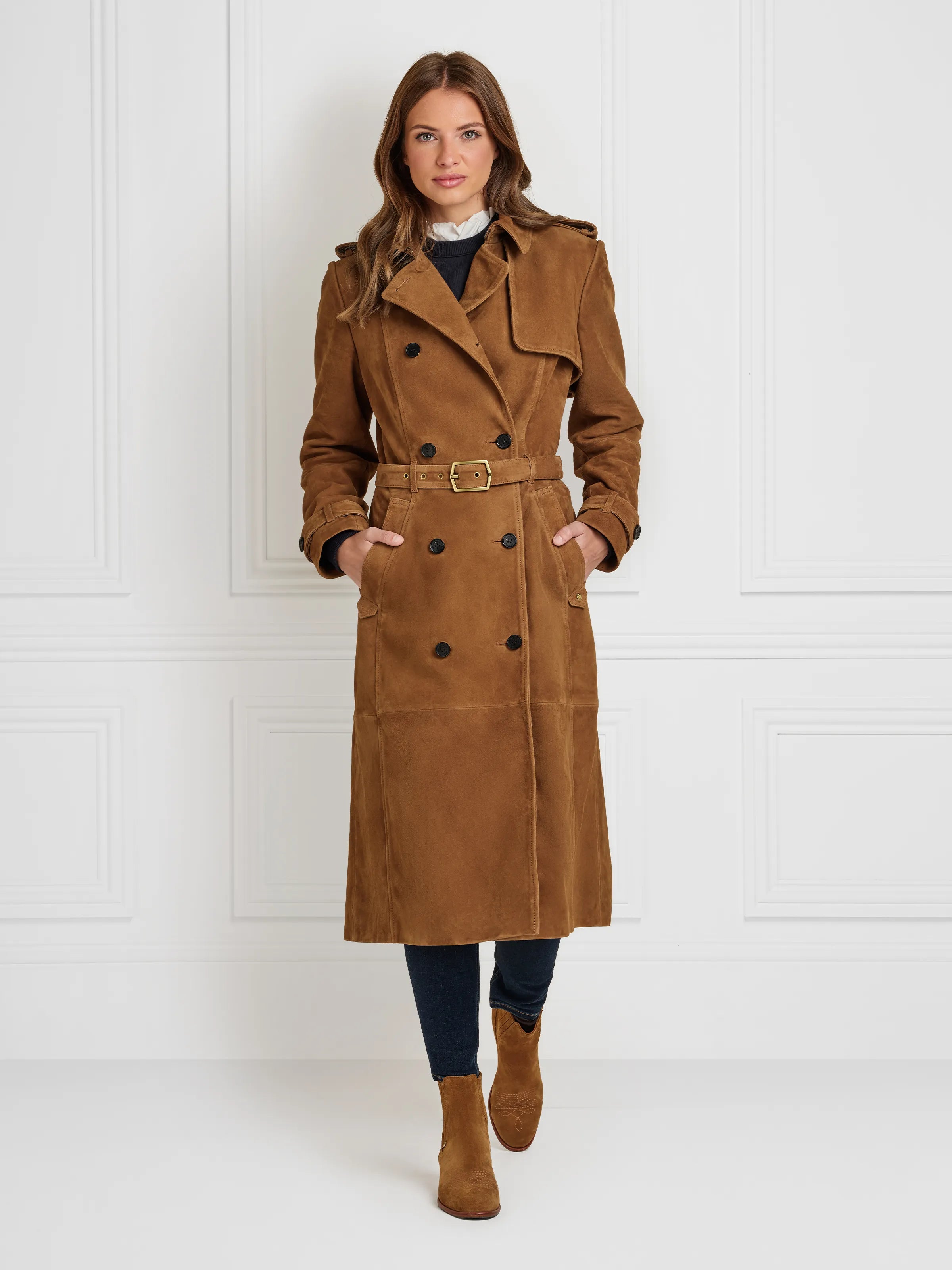 Frances - Women's Trench Coat - Tan Suede | Fairfax & Favor